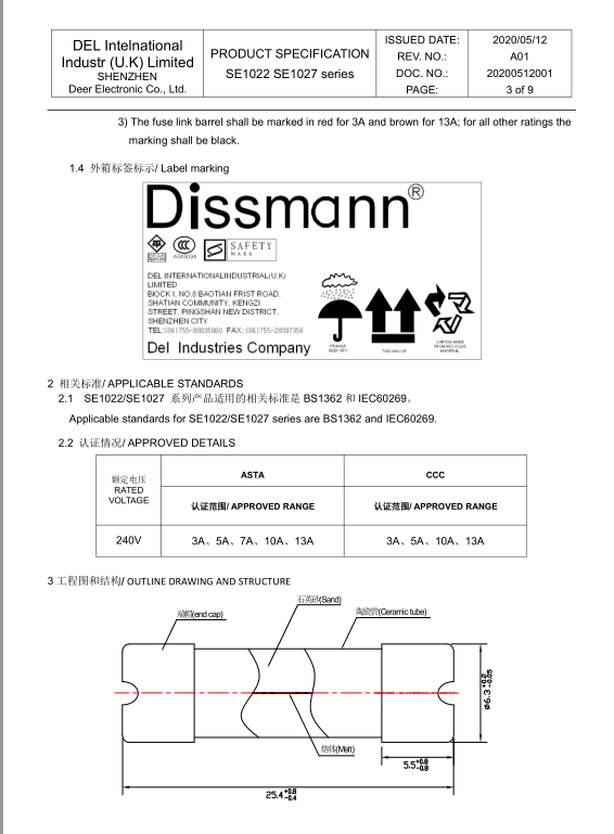 Bs1362 3a British Standard Fuses ASTA Certificate Ceramic Tube Material